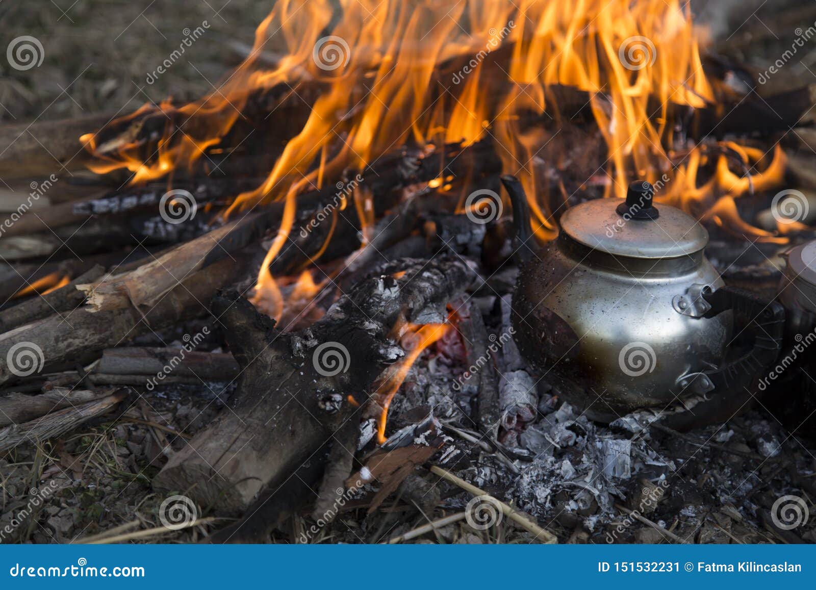 Fire Burns in the Campaign, Pot of Tea by the Fire Stock Image - Image ...