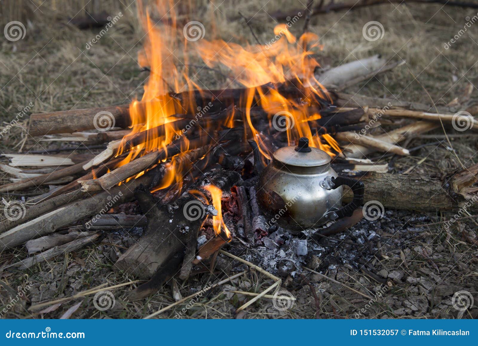 Fire Burns in the Campaign, Pot of Tea by the Fire Stock Image - Image ...