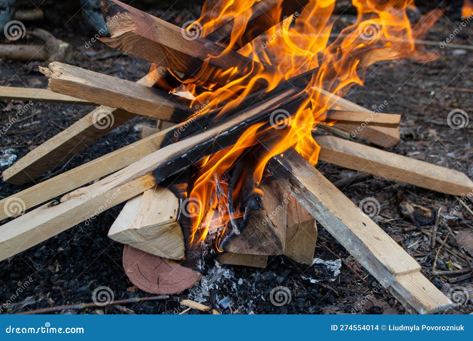 A Fire Burns in a Campfire with a Red Fire in the Background. Stock ...