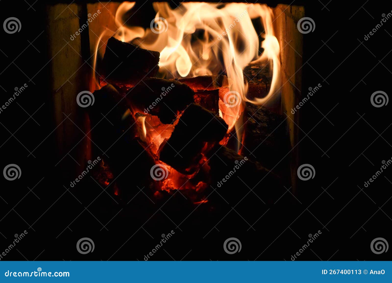 Fire Burns in the Fireplace. Fireplace with Flame Fire Ashes. Burning ...