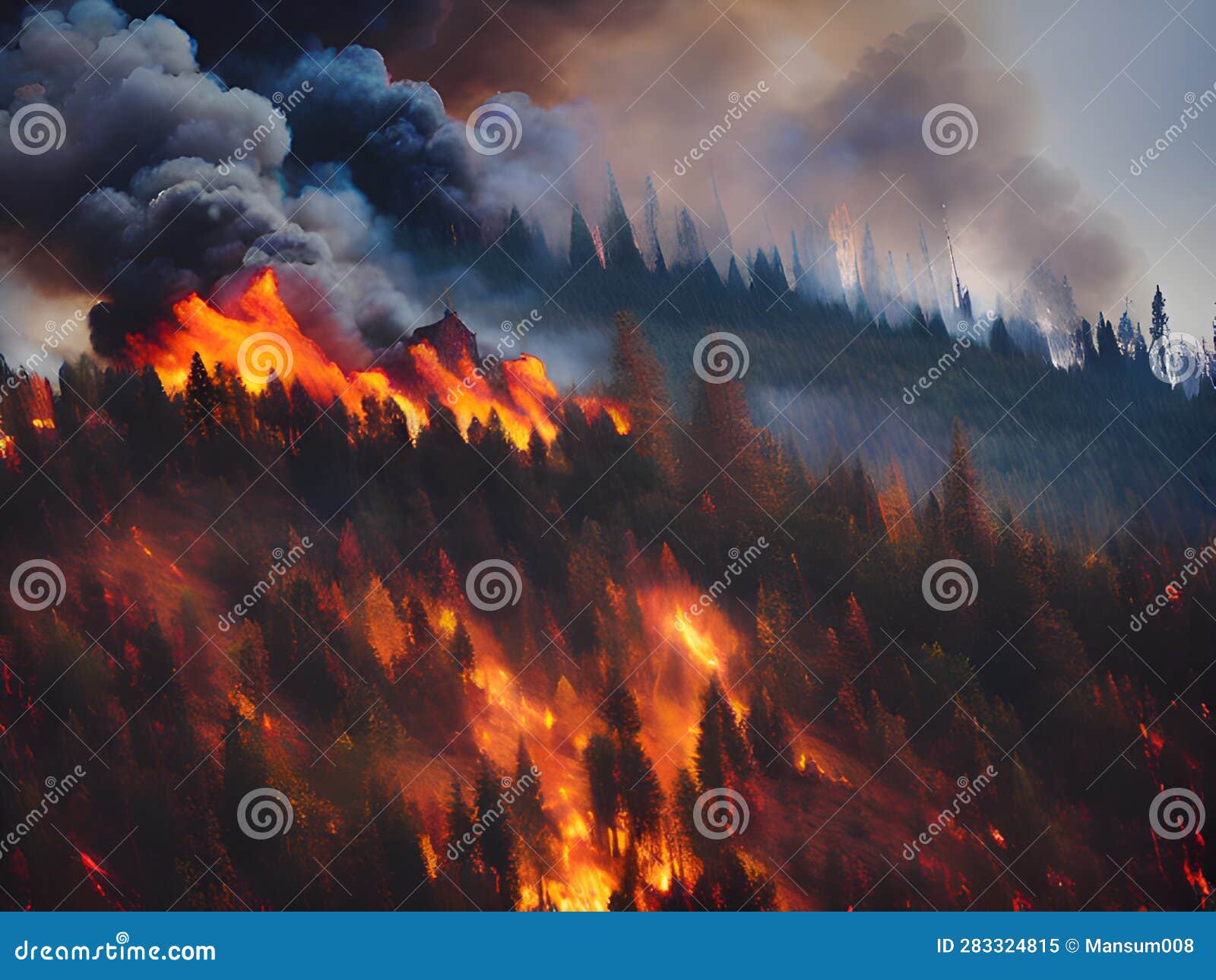 A Fire Burns in Forest, Burning and Burned Trees, Ai Generated Stock ...