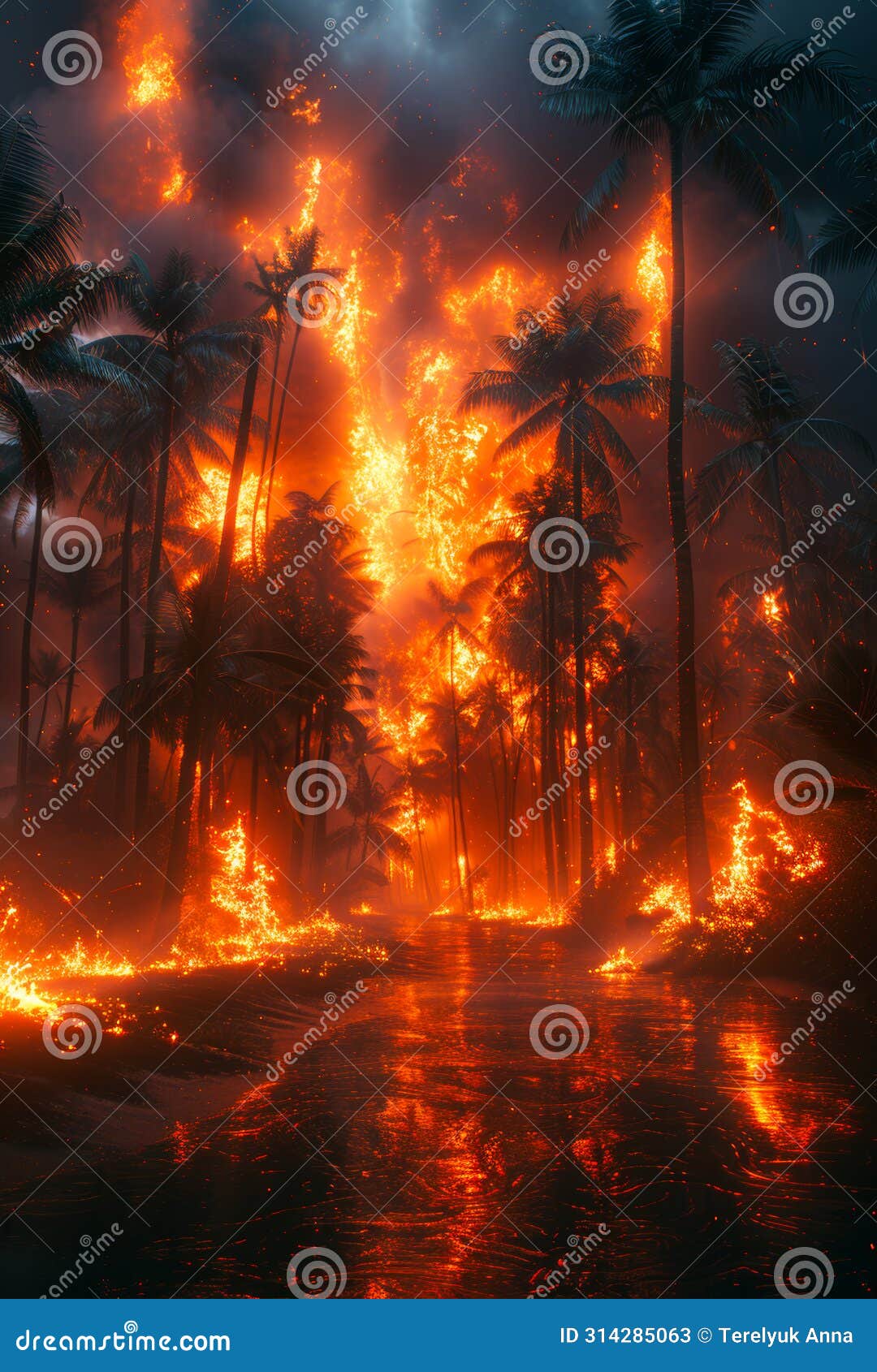 Fire Burns through Forest of Palm Trees Stock Image - Image of inferno ...