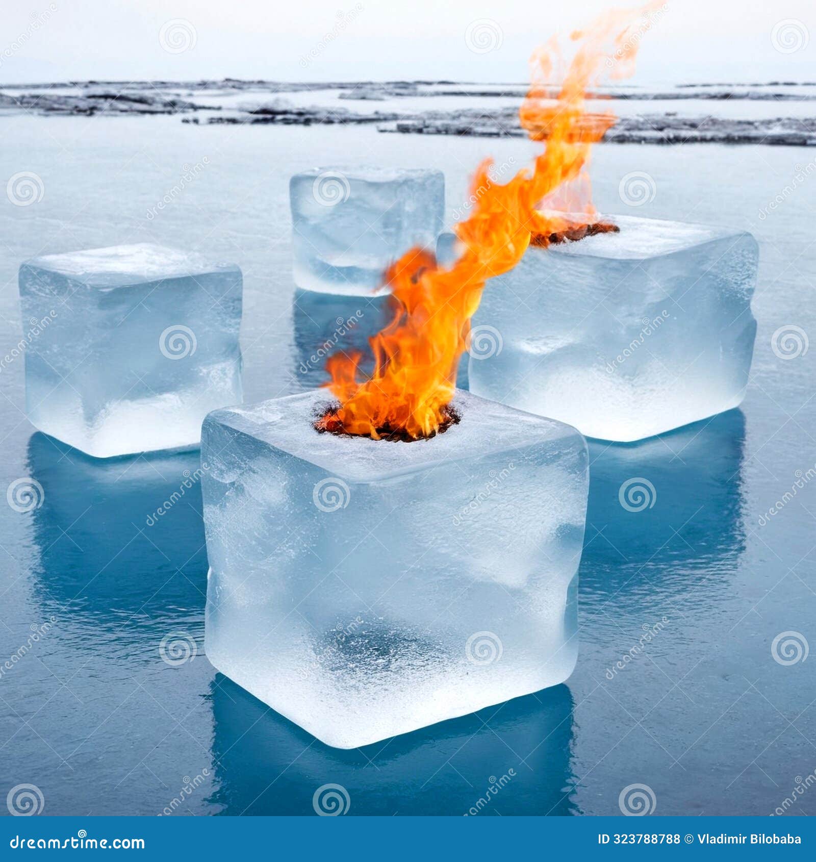 Ice Cubes Burning with Fire on Frozen Lake Stock Illustration ...