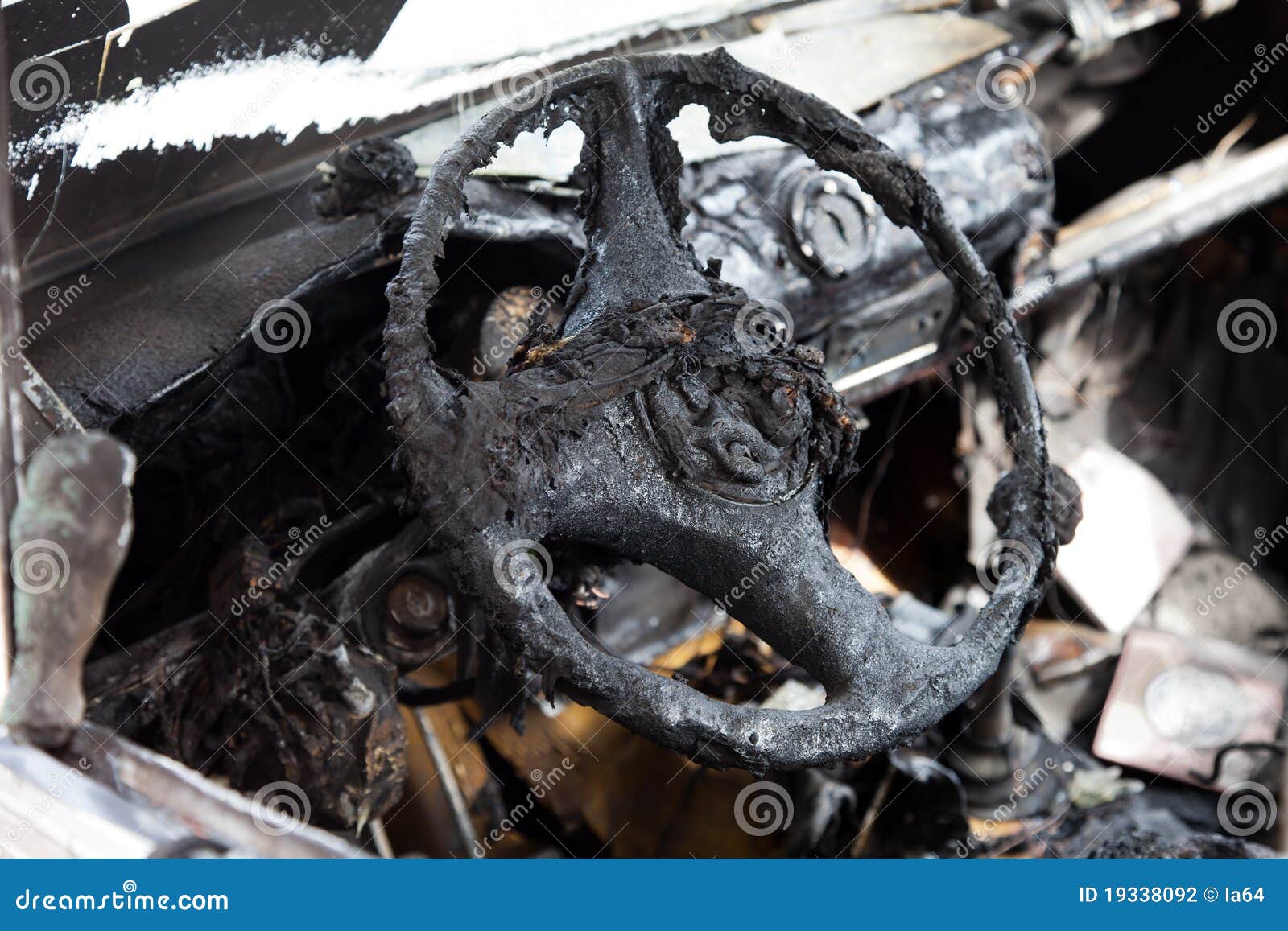 The Car After The Fire. Burnt Out Car With An Open Hood. Engine Burned ...