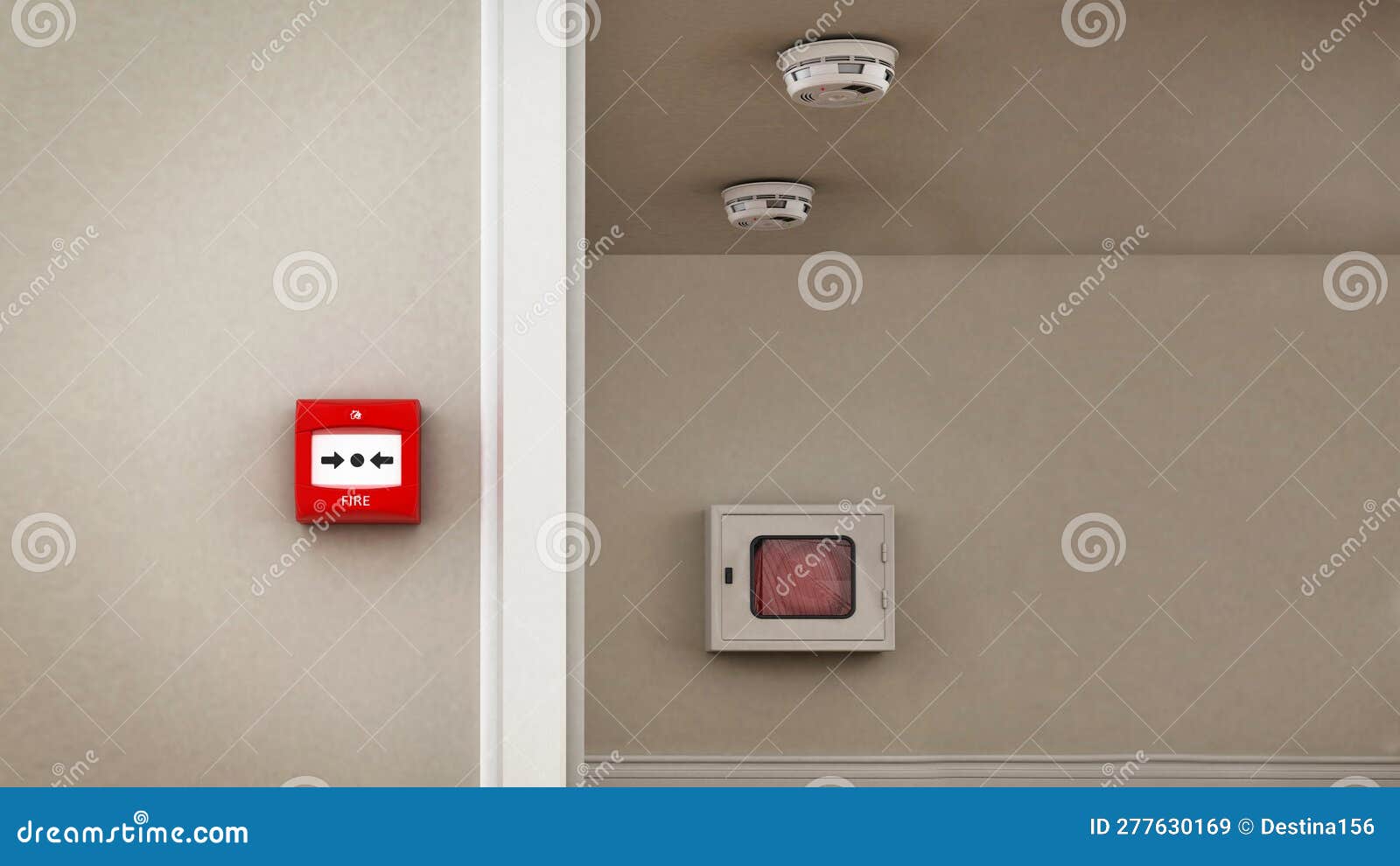 Fire Button, Smoke Detectors and Hose on the Wall. 3D Illustration ...