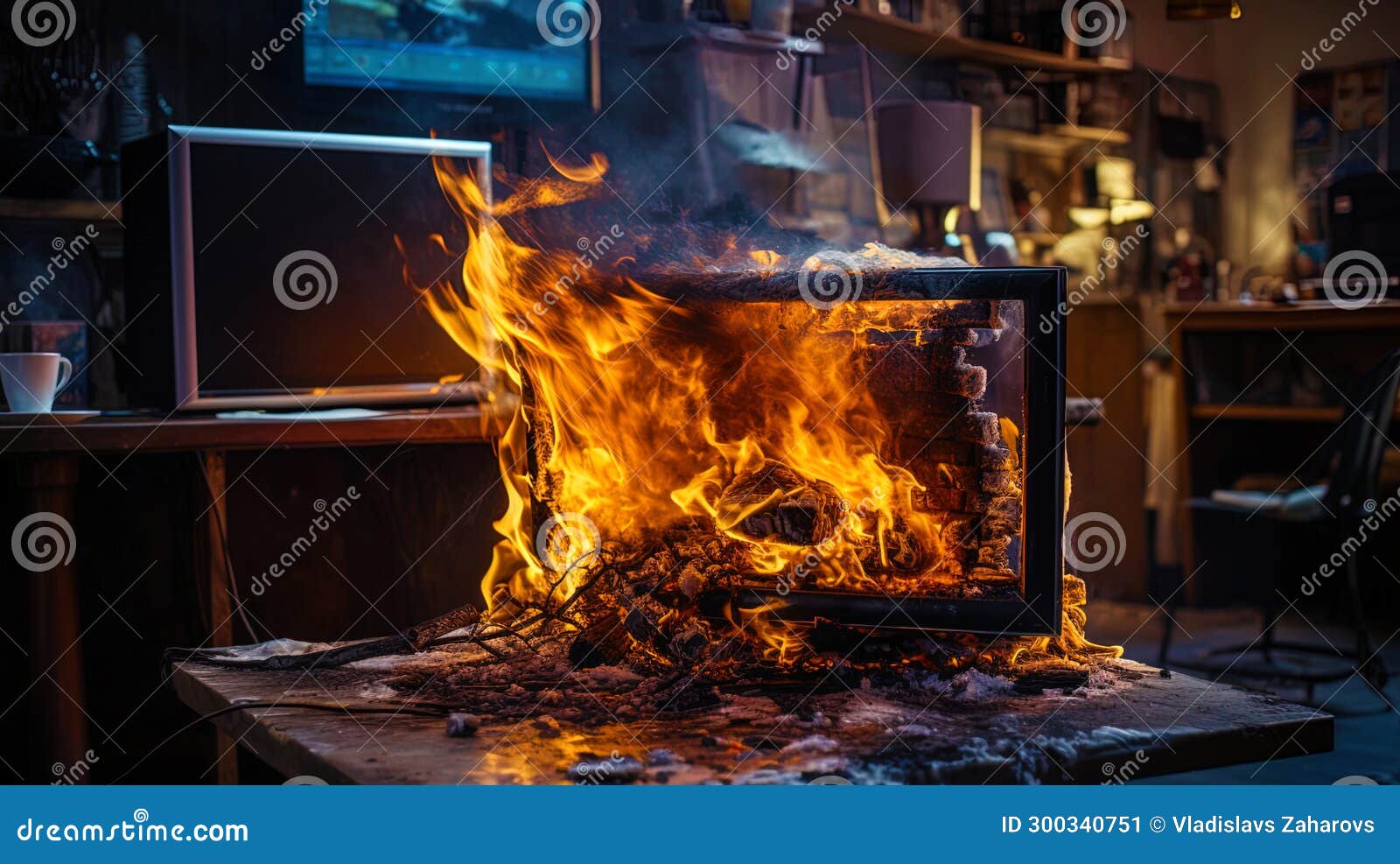 A Fire In A Cafe, A Burned TV In The Corner Royalty-Free Stock ...