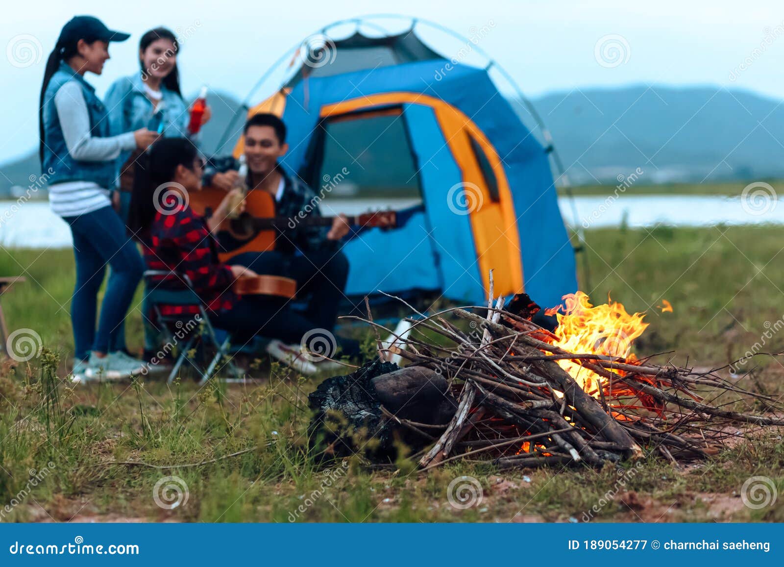 Fire at Camp and Group of Friends Drinking Beer Together. Camp and ...