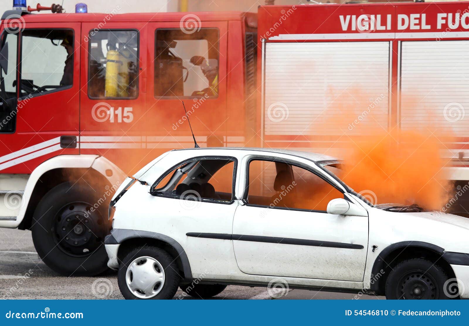 Fire on a Car and Engine Intervention of Firefighters Stock Photo ...