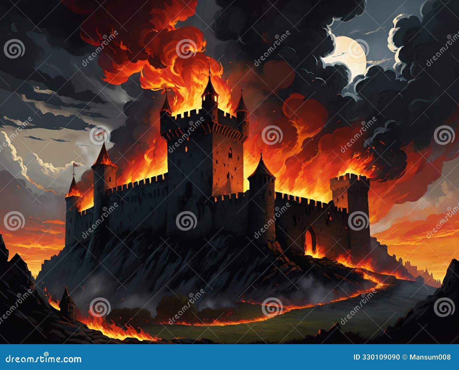 Fire Castle on the Background, Fantasy Illustration Stock Illustration ...