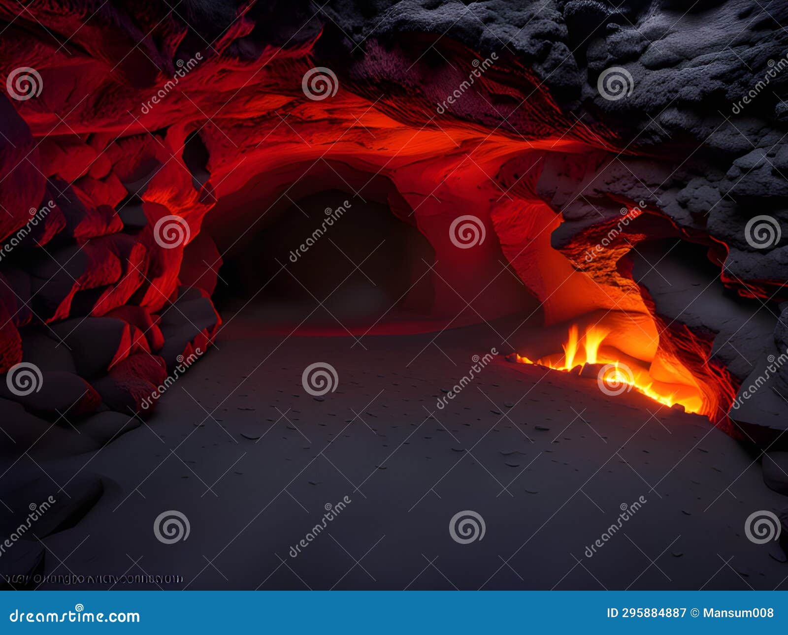 Fire cave in the mountains stock illustration. Illustration of light ...