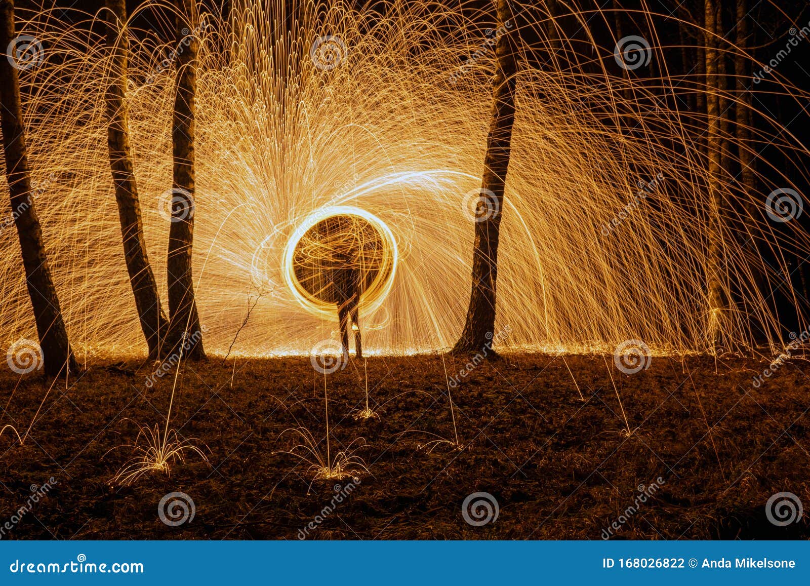 Fire Circle Spinning from Steel Wool Creating Spiral Spark Stock Photo ...