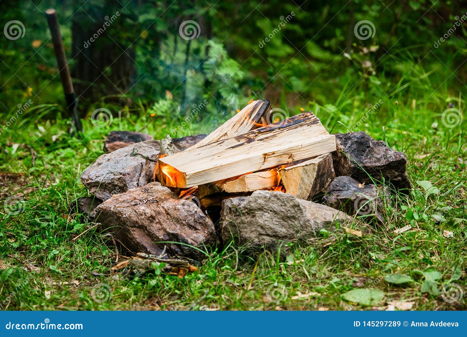 Fire in the Circle of Stones in the Forest Stock Image - Image of hike ...