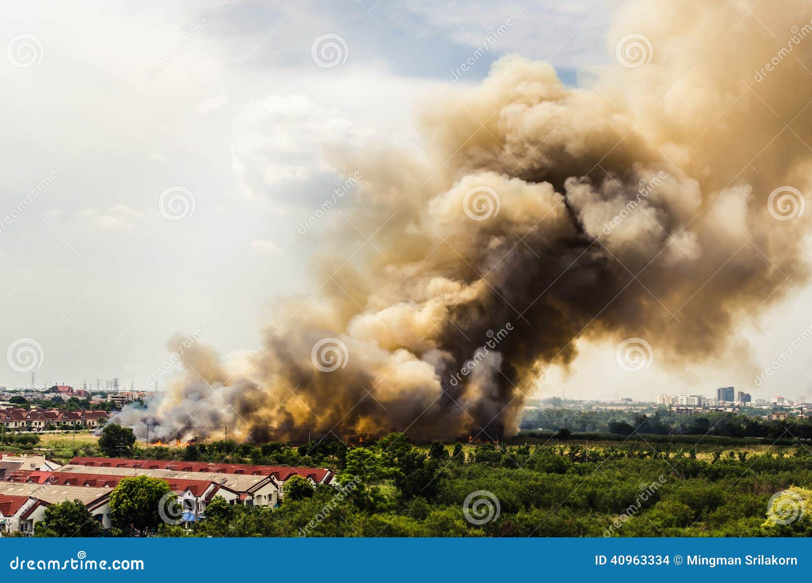 Fire in the city overview. stock photo. Image of fire - 40963334