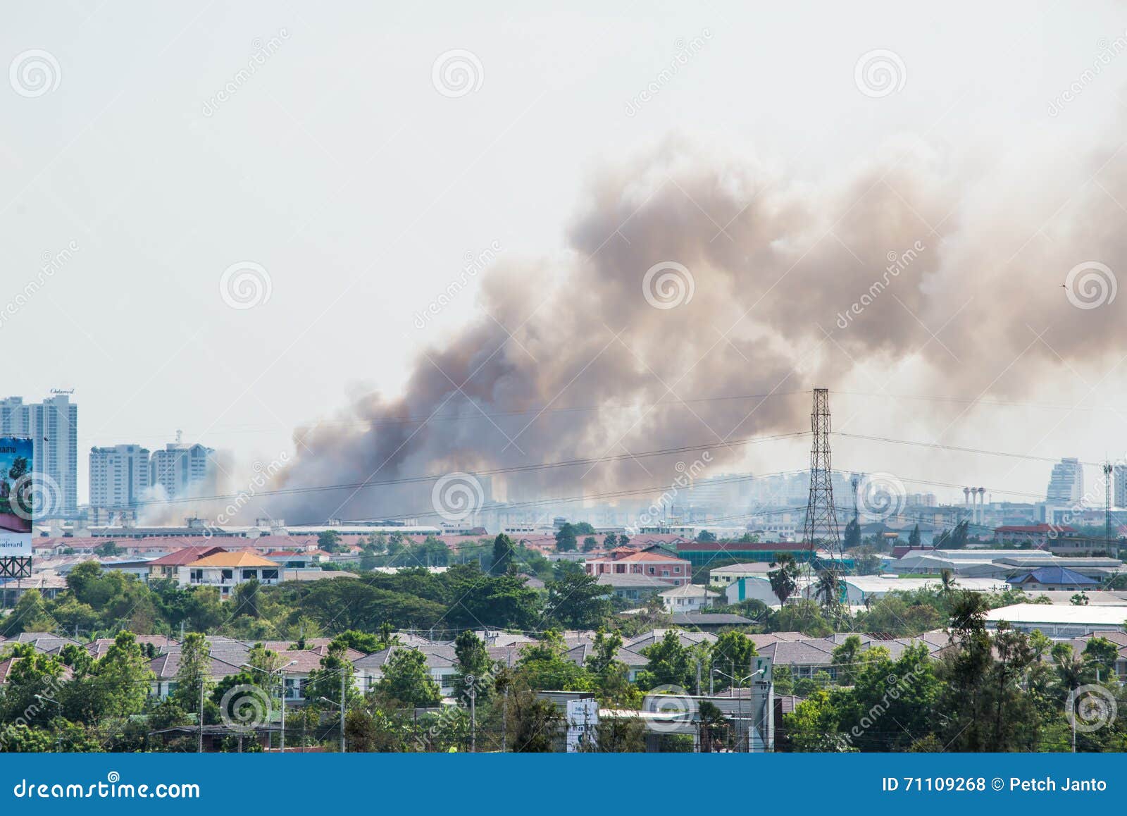 Fire in the city overview. stock photo. Image of destruction - 71109268