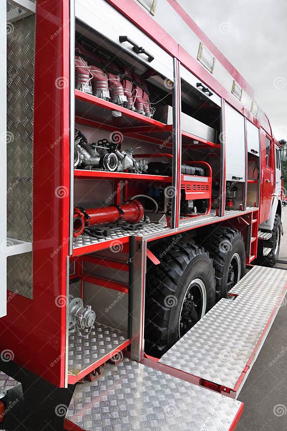Fire and Hoses Equipped Inside Fire Engine Stock Image - Image of hero ...