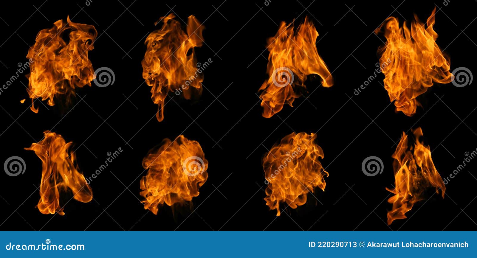 Fire Collection Set of Flame Burning Isolated on Dark Background for ...