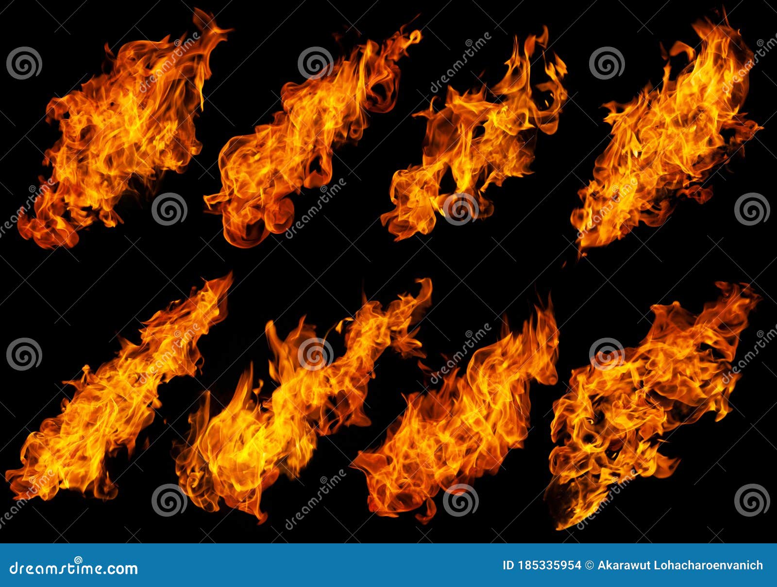 Fire Collection Set of Flame Burning Isolated on Dark Background for ...