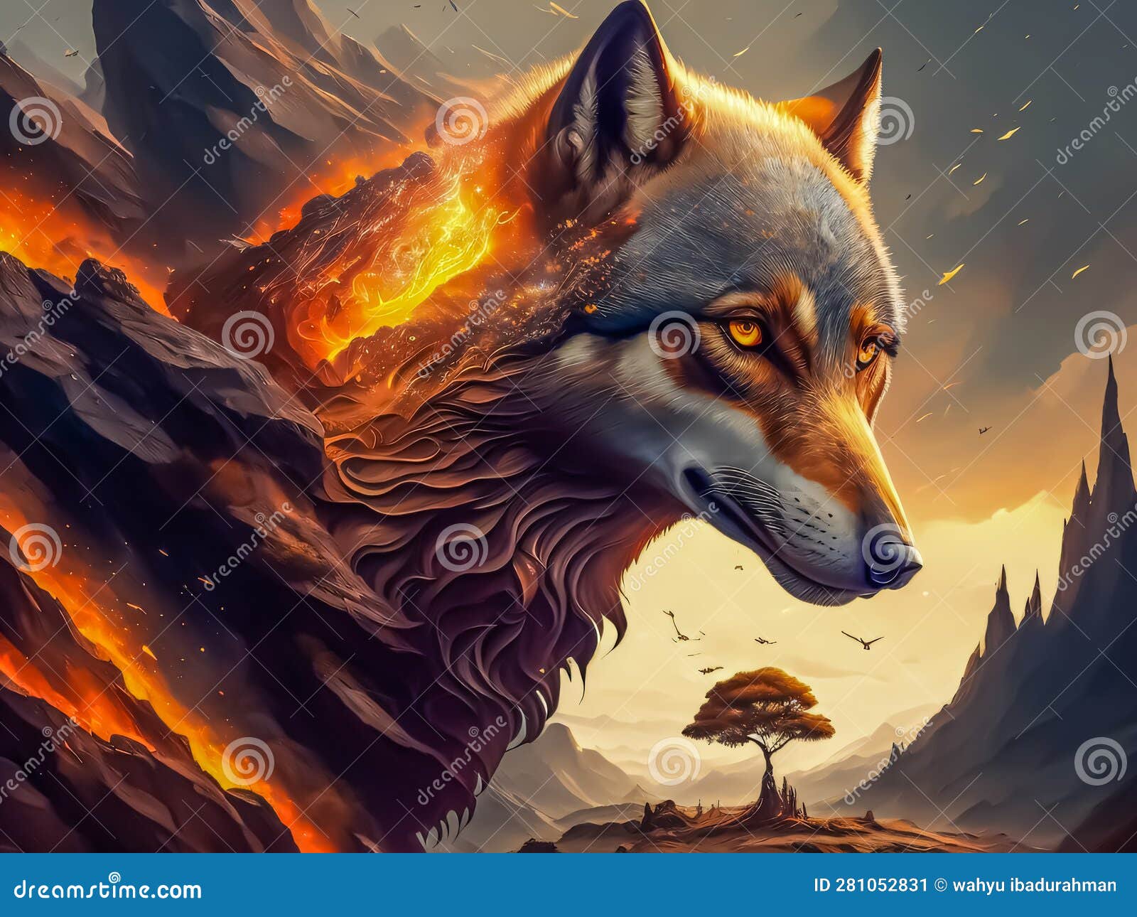 The Fire-colored Wolf S Head Blazed Stock Illustration - Illustration ...