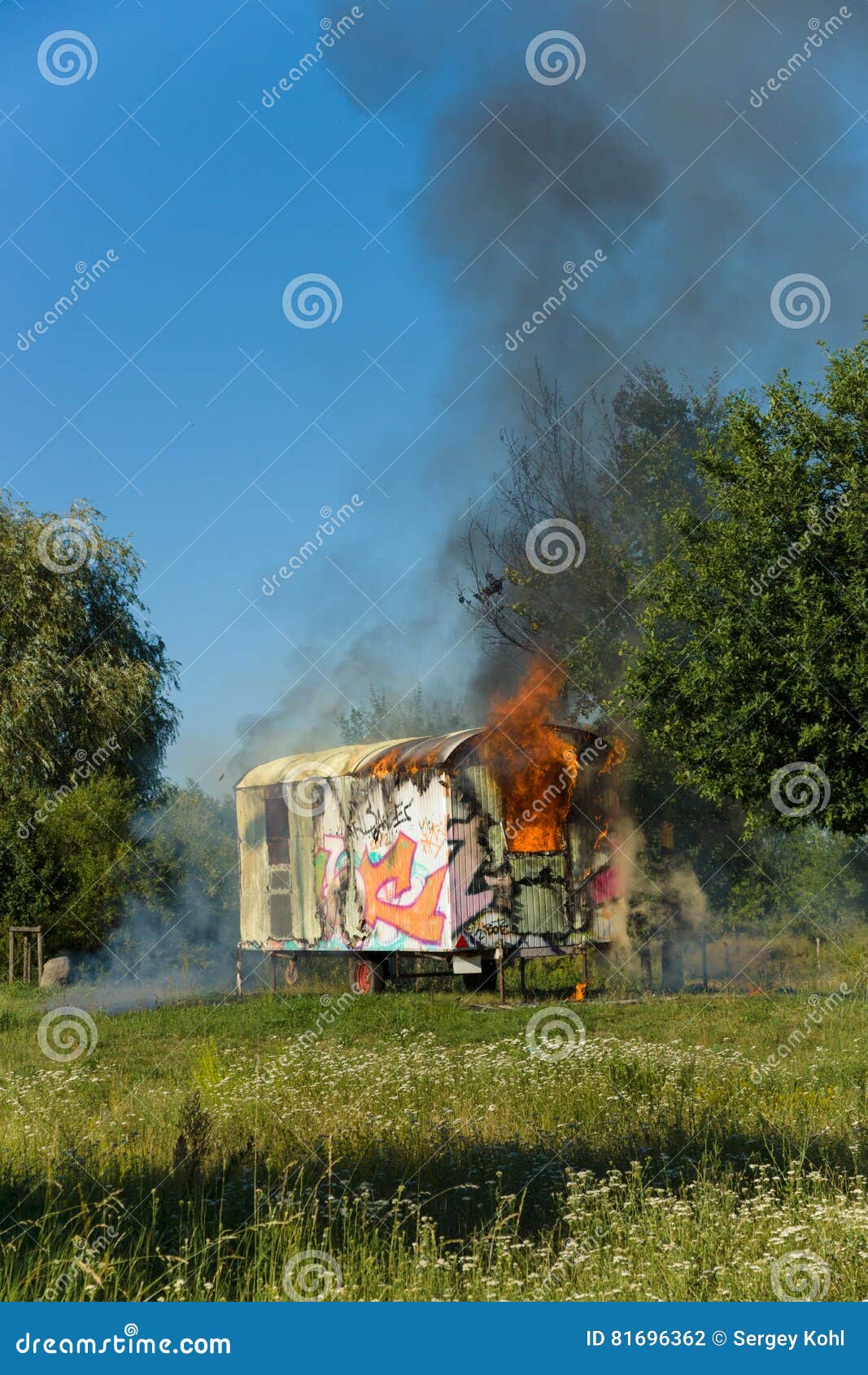 The Fire of Construction Trailer. District of Marzahn-Hellersdorf ...