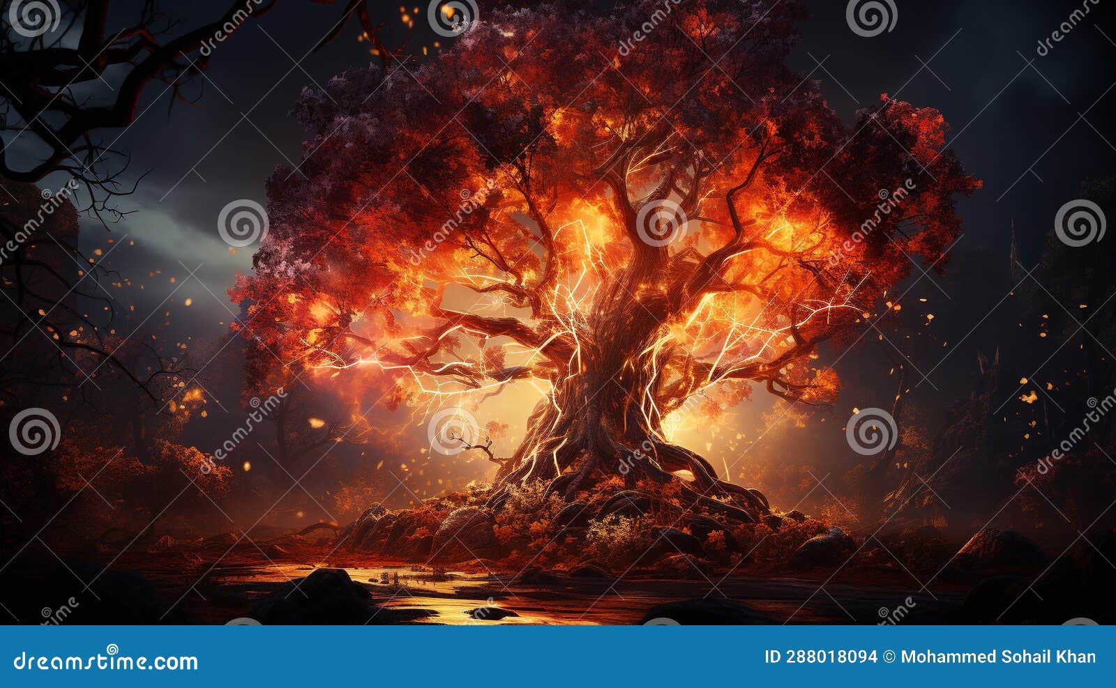 The Fire Consumes the Big Tree of Life in Forest Thuderstorm Background ...