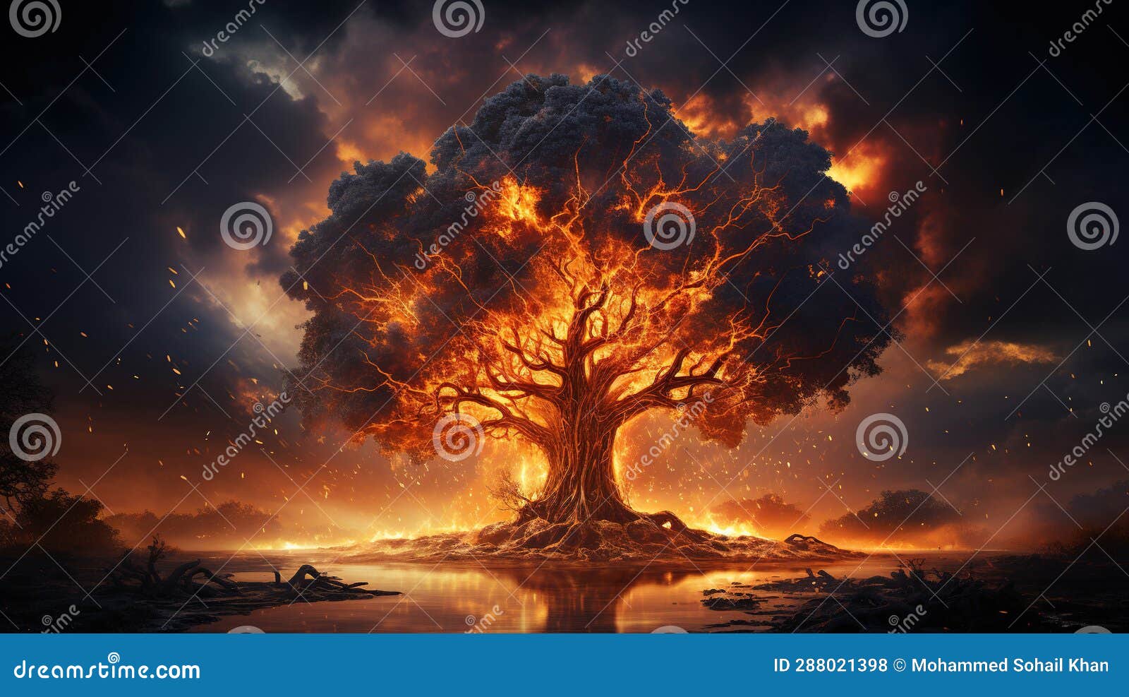The Fire Consumes the Big Tree of Life in Forest Thuderstorm Background ...