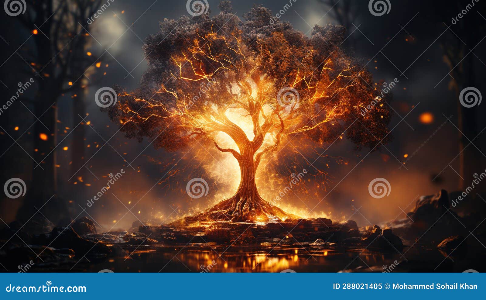 The Fire Consumes The Big Tree Of Life In Forest Thuderstorm Background ...