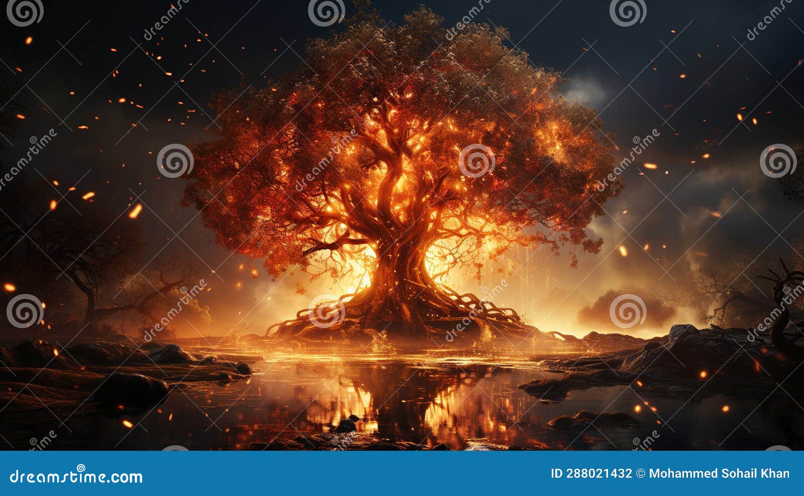 The Fire Consumes the Big Tree of Life in Forest Thuderstorm Background ...