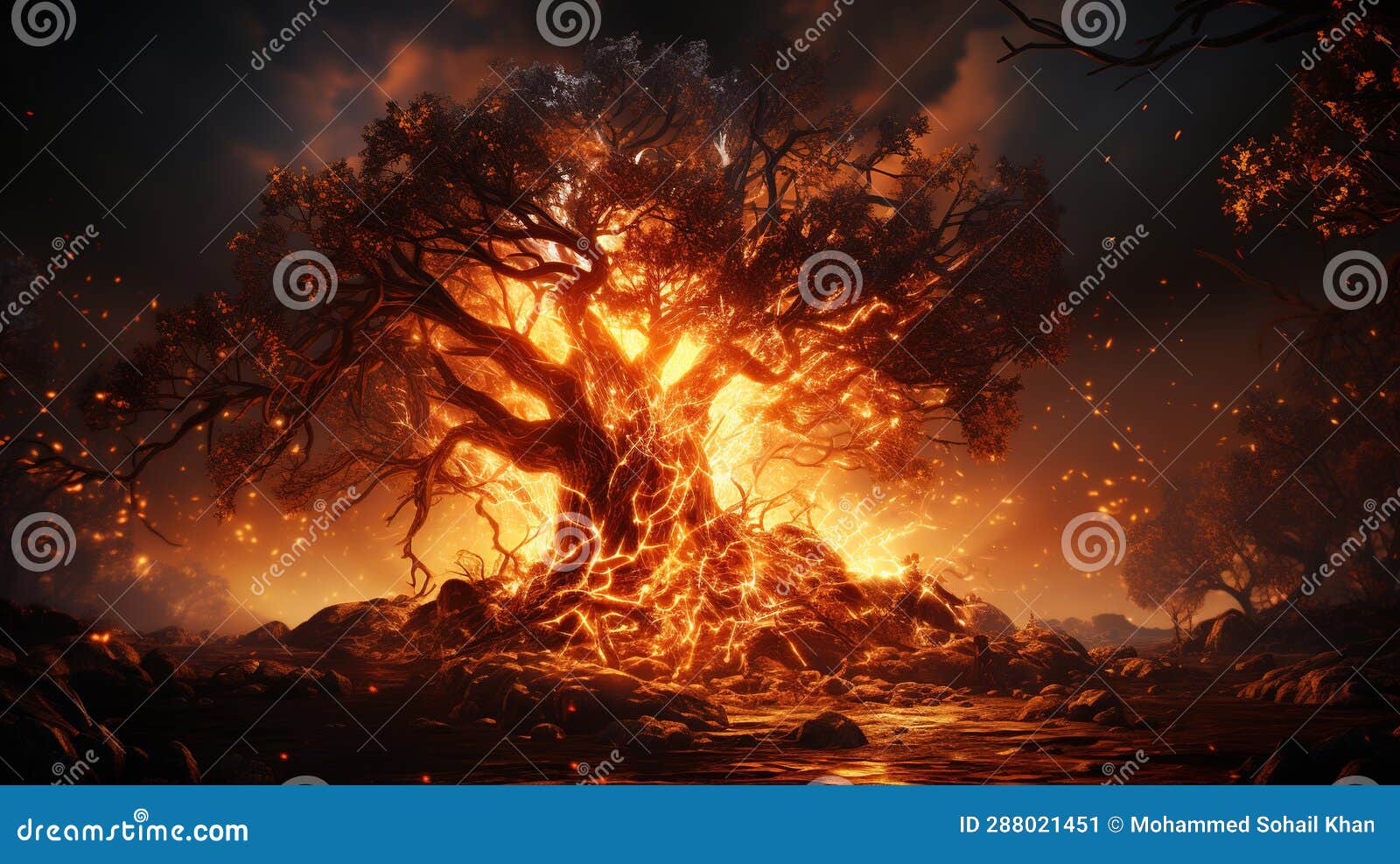 The Fire Consumes the Big Tree of Life in Forest Thuderstorm Background ...