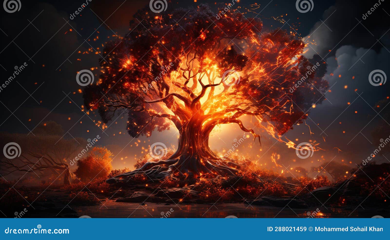 The Fire Consumes The Big Tree Of Life In Forest Thuderstorm Background ...