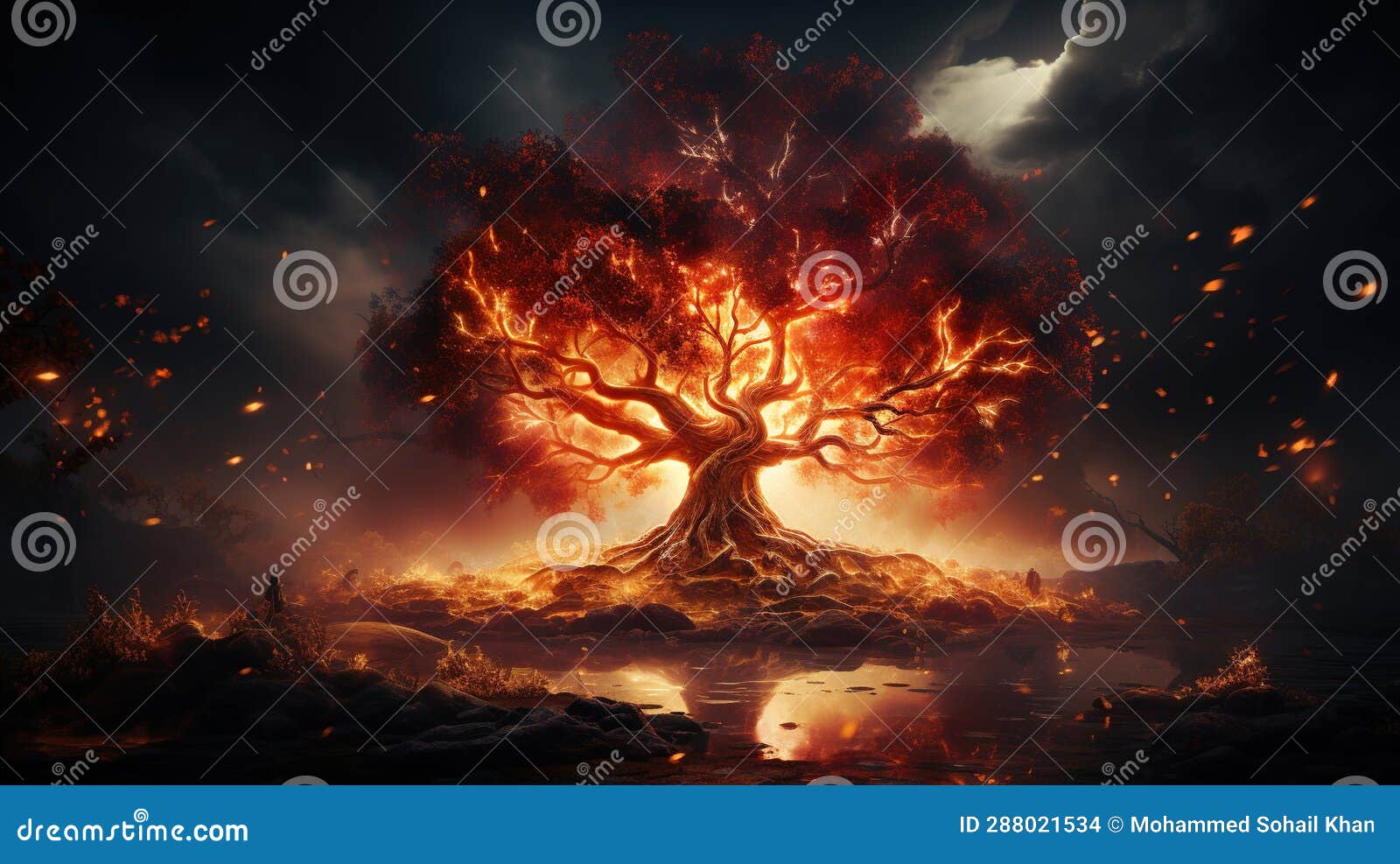 The Fire Consumes the Big Tree of Life in Forest Thuderstorm Background ...