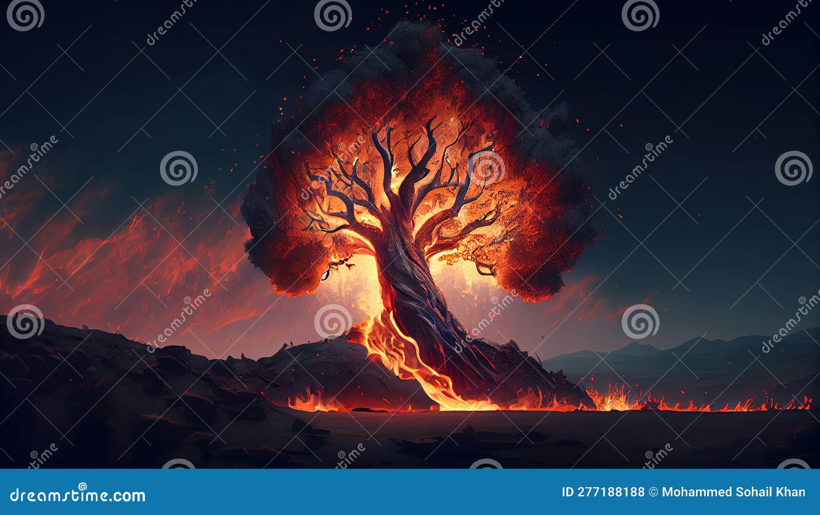 The Fire Consumes The Big Tree Of Life In Forest Thuderstorm Background ...