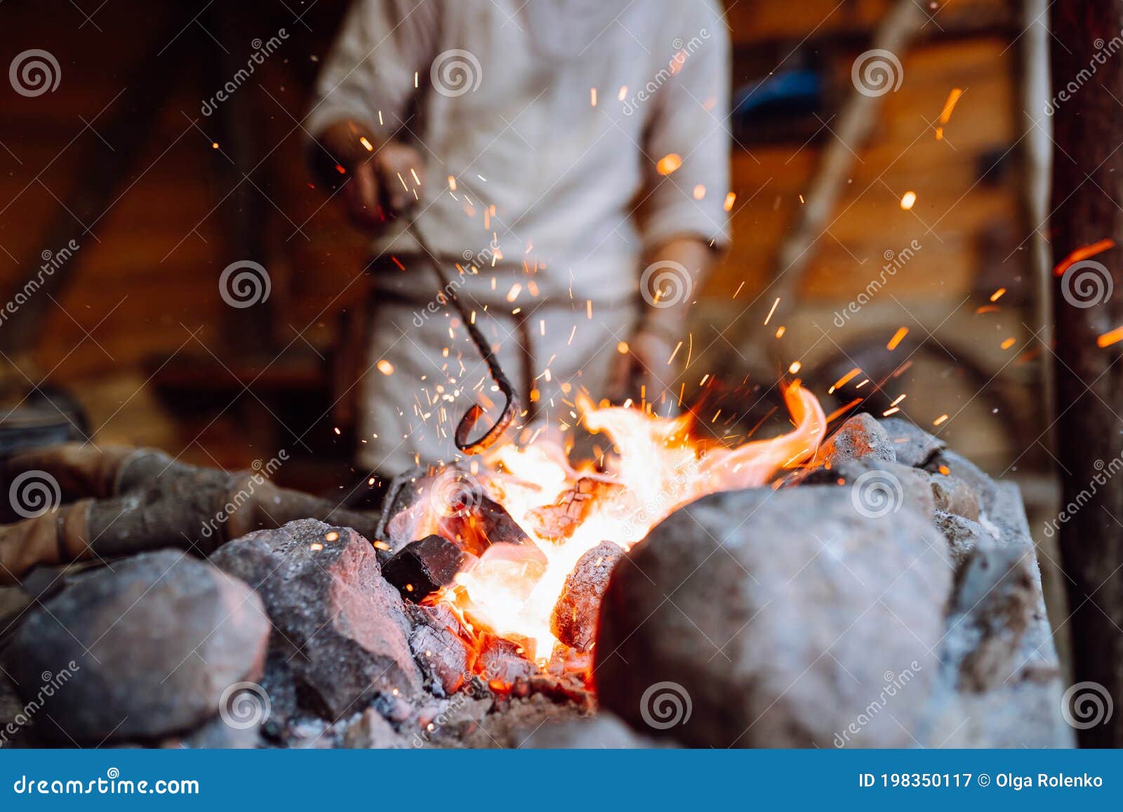 Fire Crackling in Blacksmith Workshop of Forging Metal. Anonymouse ...