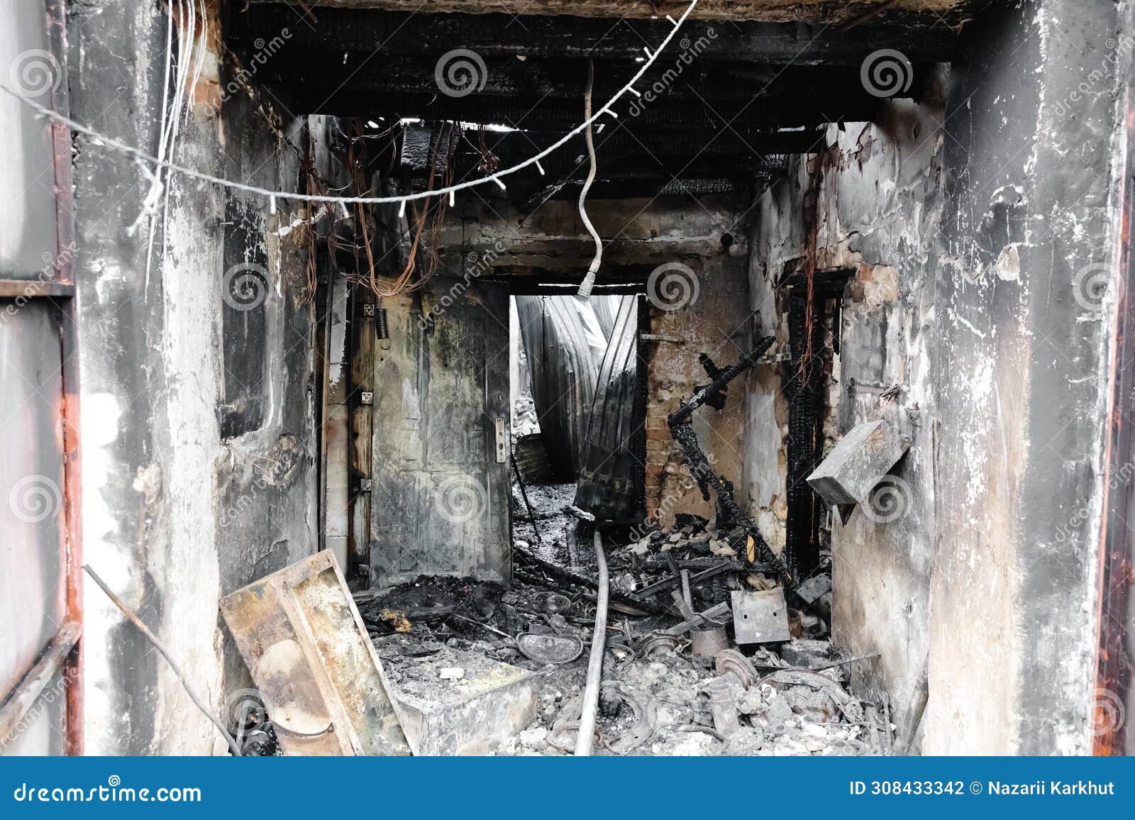 Fire-Damaged Building with Open Door Stock Photo - Image of hazardous ...