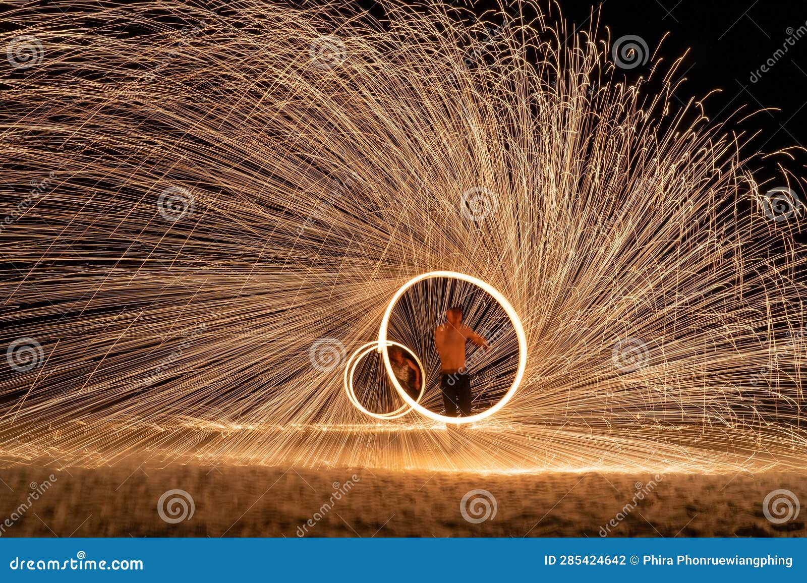 Fire Dancer Show Amazing Fire by Swing on the Beach at Night Time Stock ...