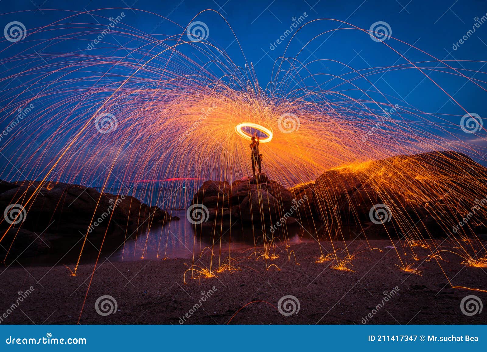Fire Dancer Swing Fire Dancing Show on the Beach with Dark Clouds ...