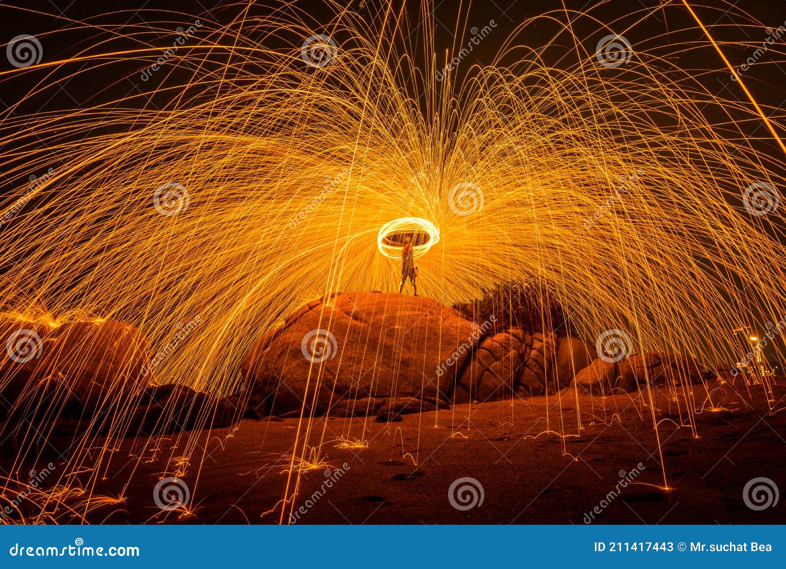 Fire Dancer Swing Fire Dancing Show on the Beach with Dark Clouds ...