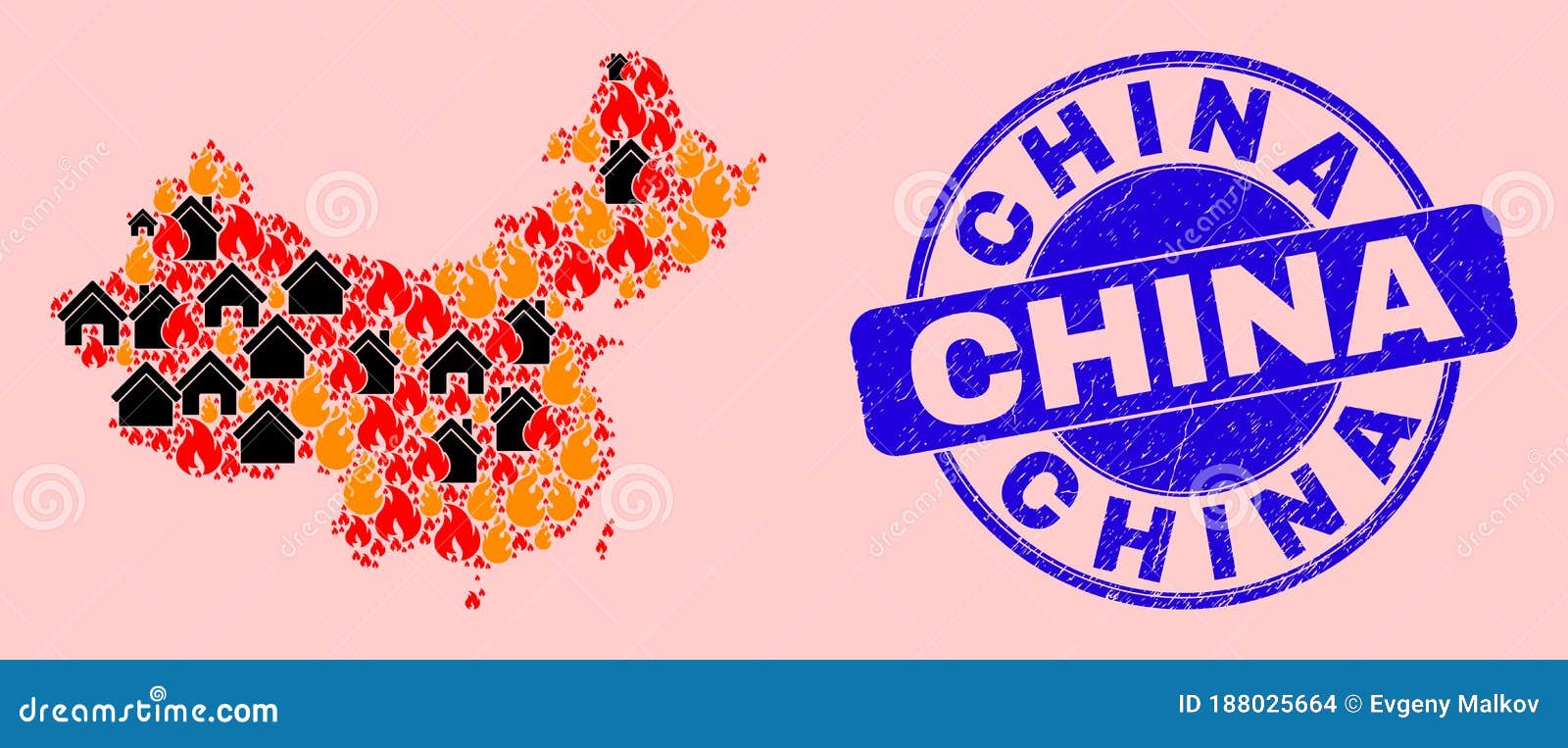 China Map Collage of Fire and Buildings and Grunge China Seal Stamp ...