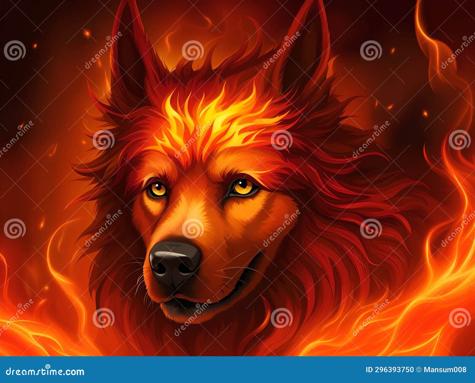 Fire dog with fire flame stock illustration. Illustration of head ...