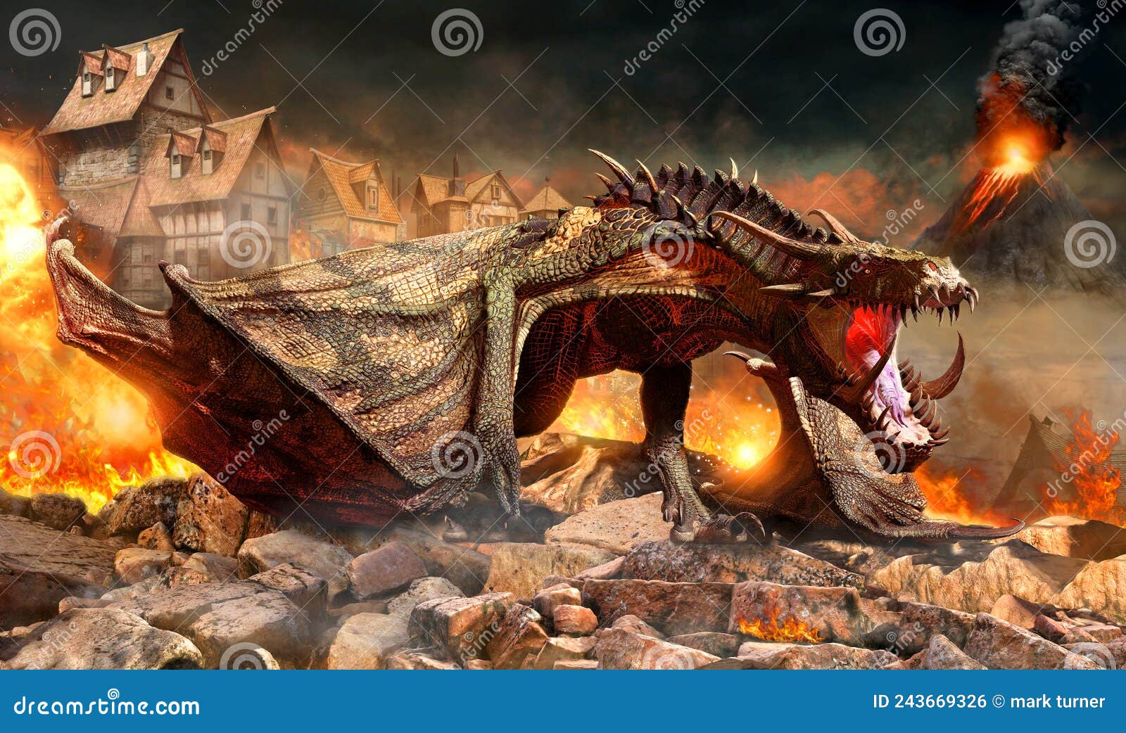 Fire Dragon Attacking a Village 3D Illustration Stock Illustration ...