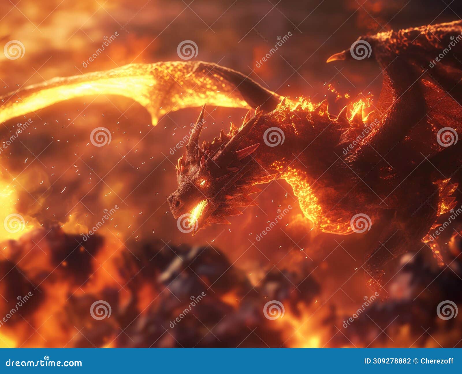 Fire Dragon on Black Background Stock Illustration - Illustration of monster, claws: 309278882