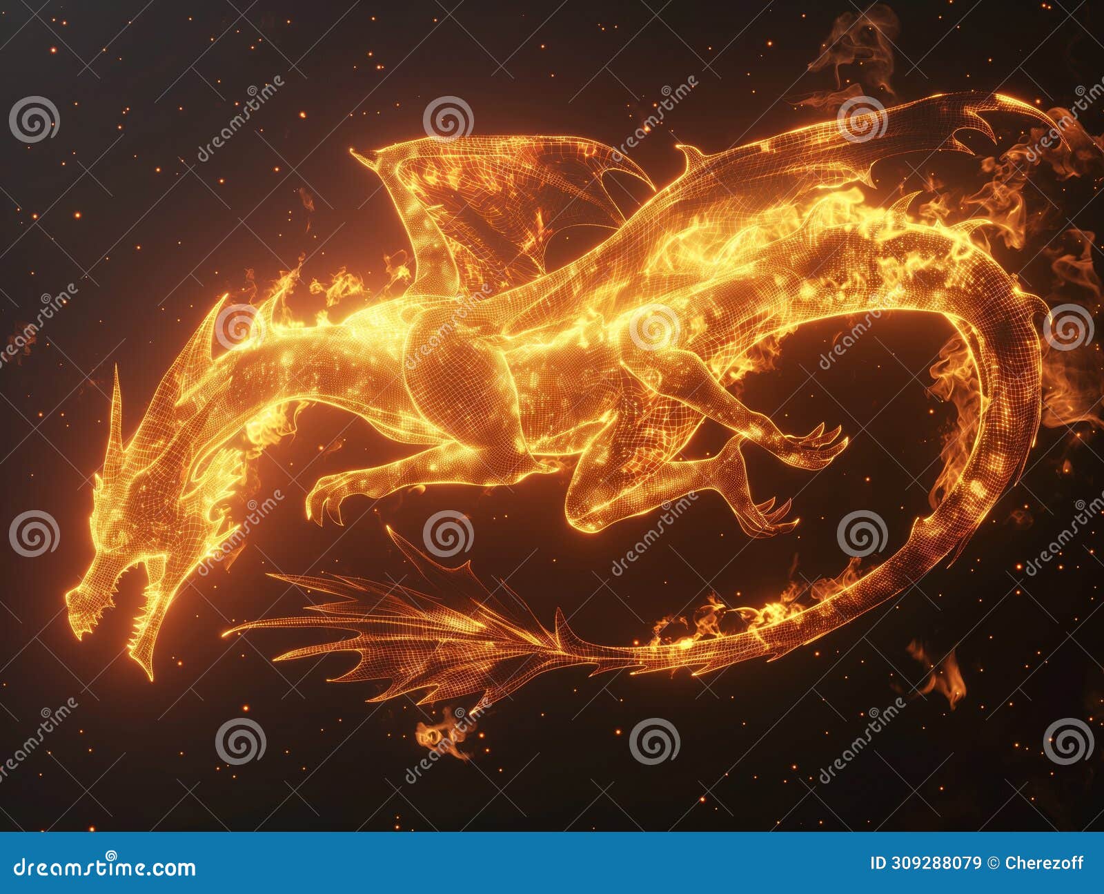 Fire Dragon on Black Background Stock Image - Image of light, yellow: 309288079