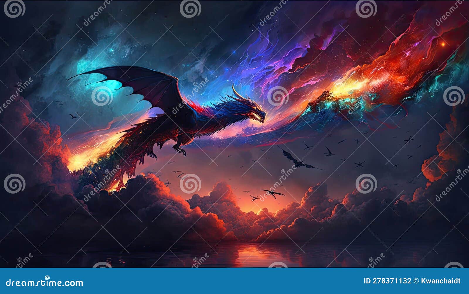 Fire Dragon Flying in Dark Sky Cloud, Generative AI Stock Illustration ...