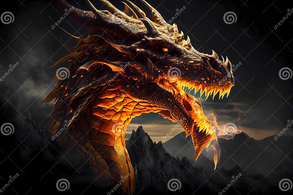 Fire Dragon Head. Blaze with Fire. Fabulous Creature Stock Illustration ...