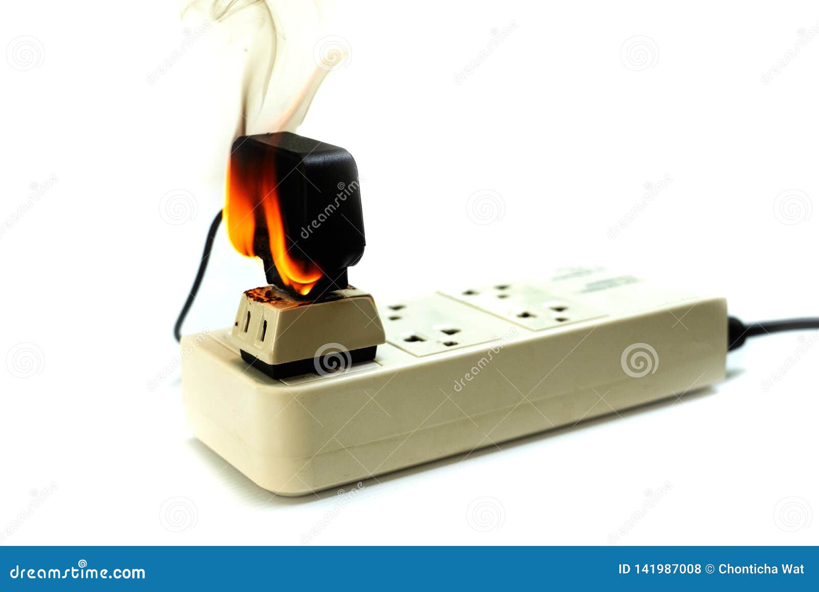 On Fire Electric Wire Plug Receptacle and Adapter on White Background ...