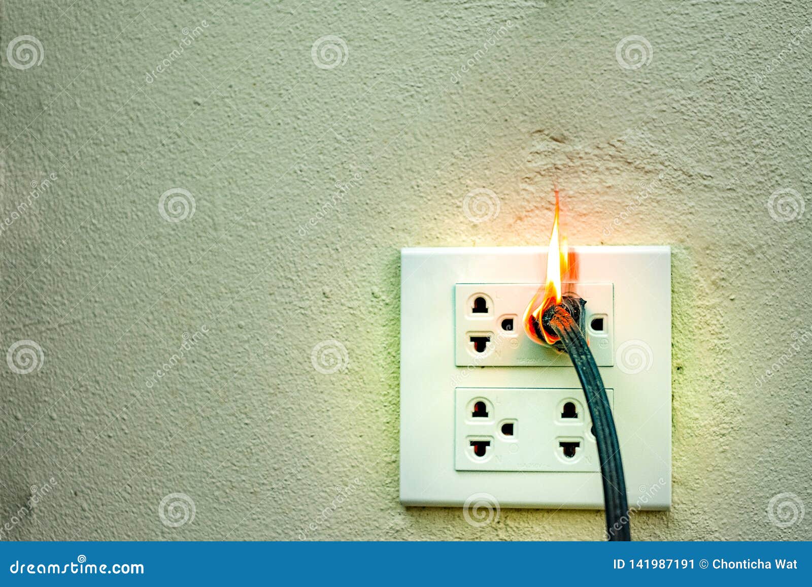 On Fire Electric Wire Plug Receptacle and Adapter on White Background ...