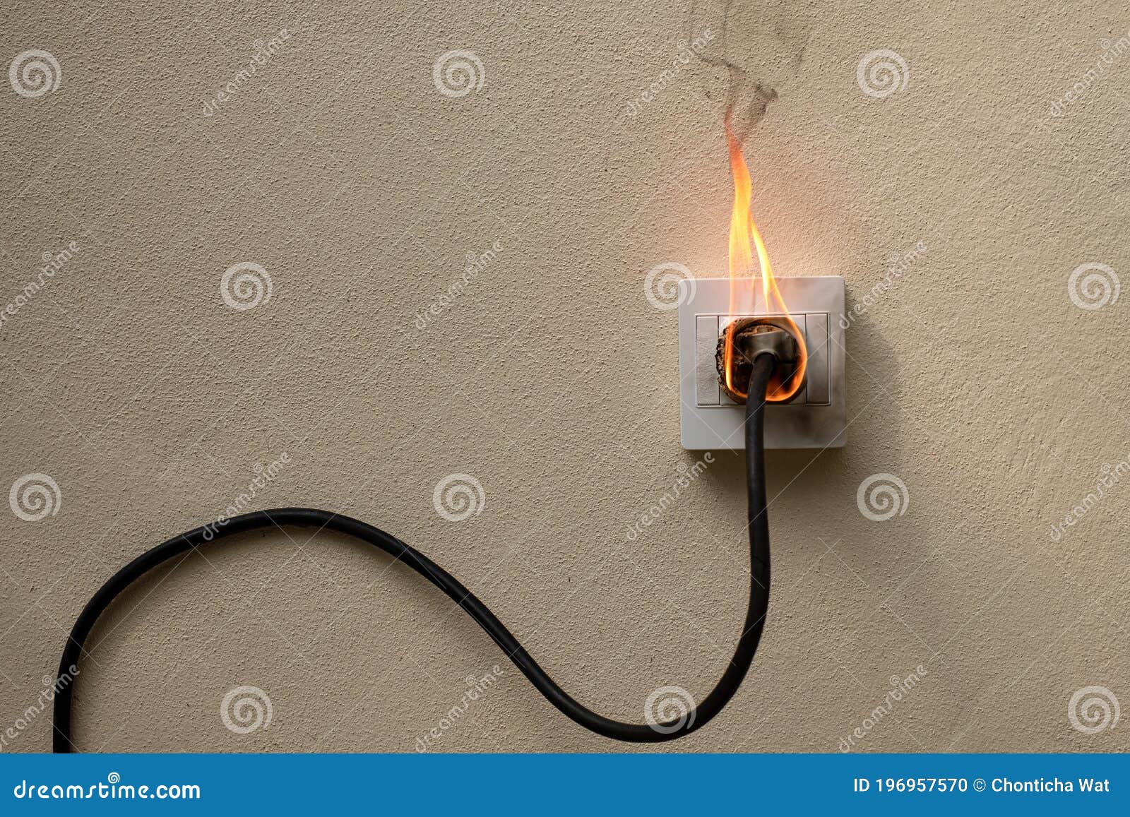 Fire Electric Wire Plug Receptacle on the Concrete Wall Exposed ...