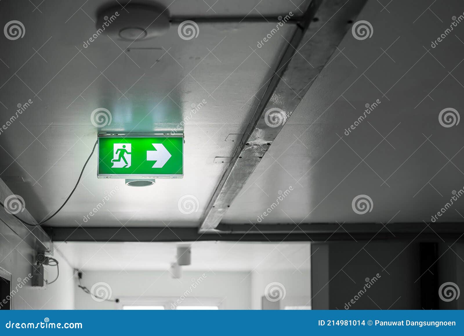 Fire Emergency Exit Sign on the Wall Background Inside Building. Safety ...