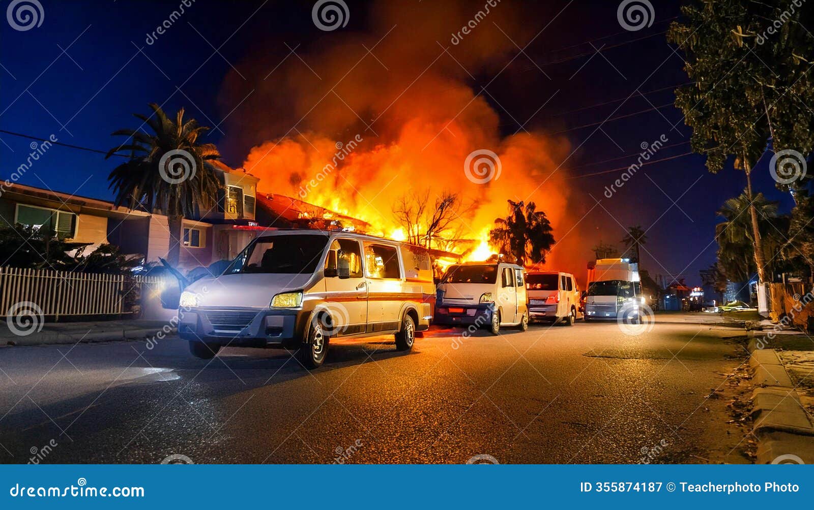 Fire Emergency: House Engulfed in Flames with Responders on Scene Stock ...