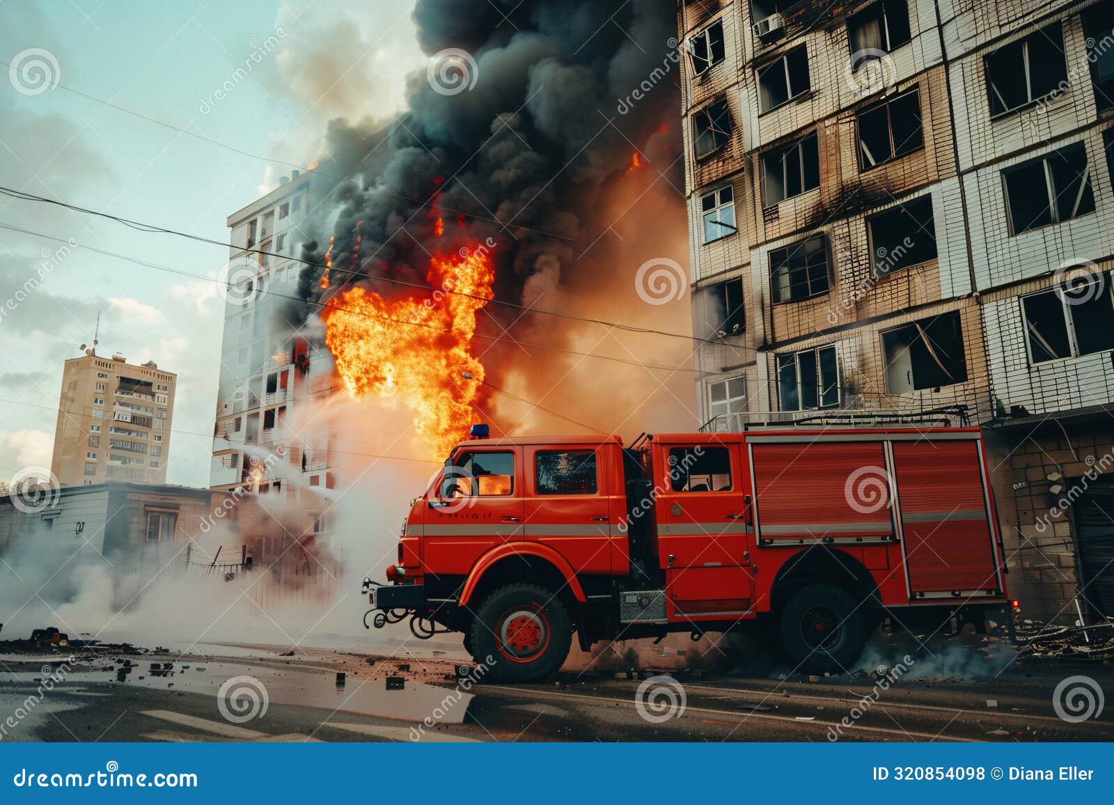 Fire Engine Car and Burning Building Stock Illustration - Illustration ...