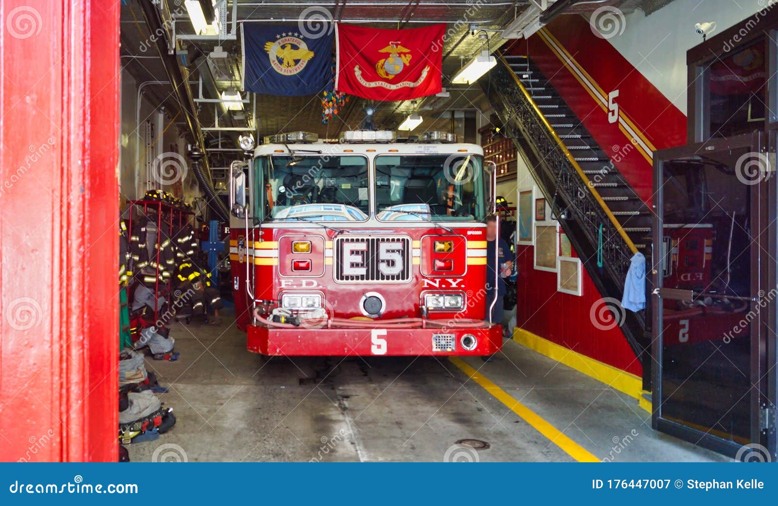 A Fire Engine Car at a Fire Department Garage of New York. Editorial ...